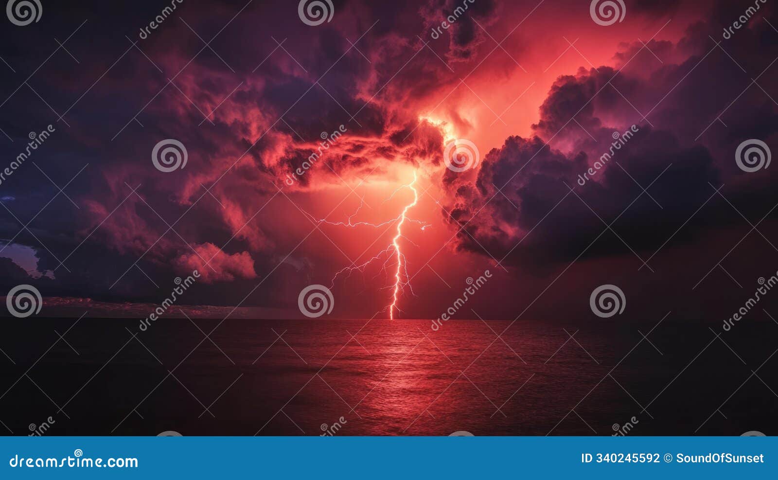 Powerful Lightning Strike in the Sky with Dark Red Storm Clouds Above ...