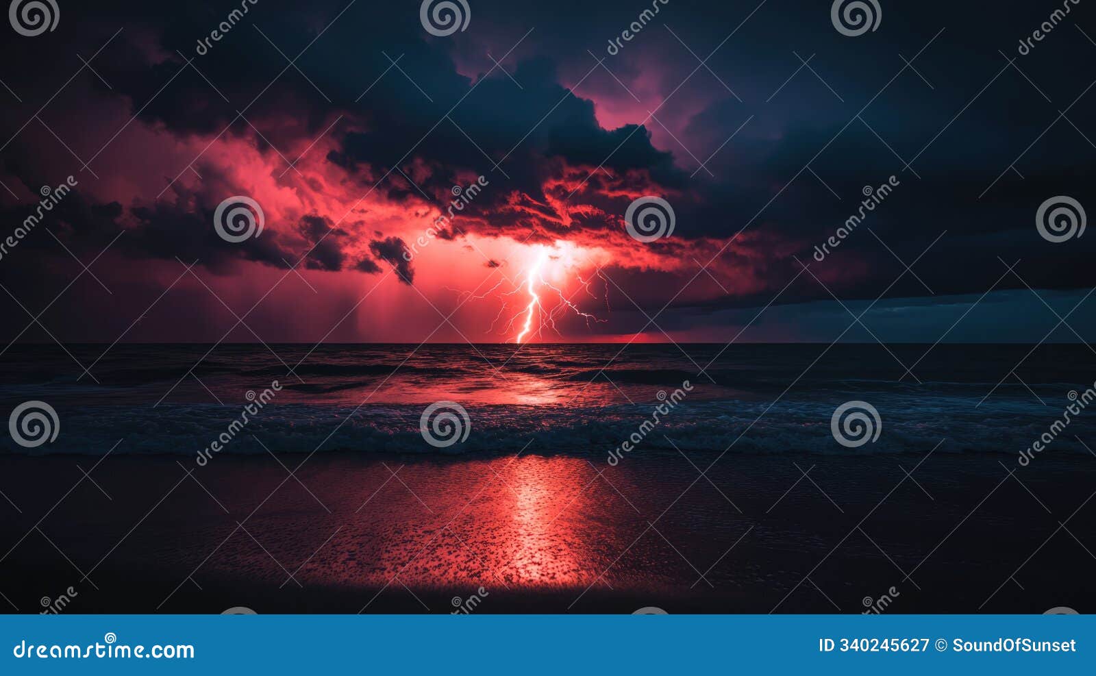 Powerful Lightning Strike in the Sky with Dark Red Storm Clouds Above ...