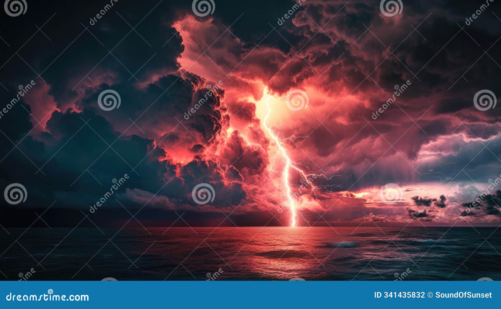 Powerful Lightning Strike in the Sky with Dark Red Storm Clouds Above ...