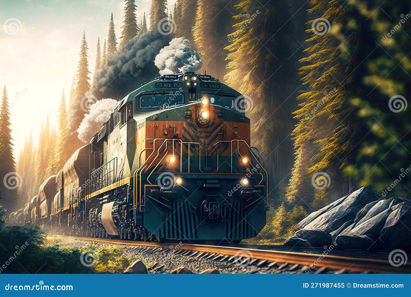 Powerful Locomotive Pulls Cargo Train with Loaded Wagons Along Forest ...