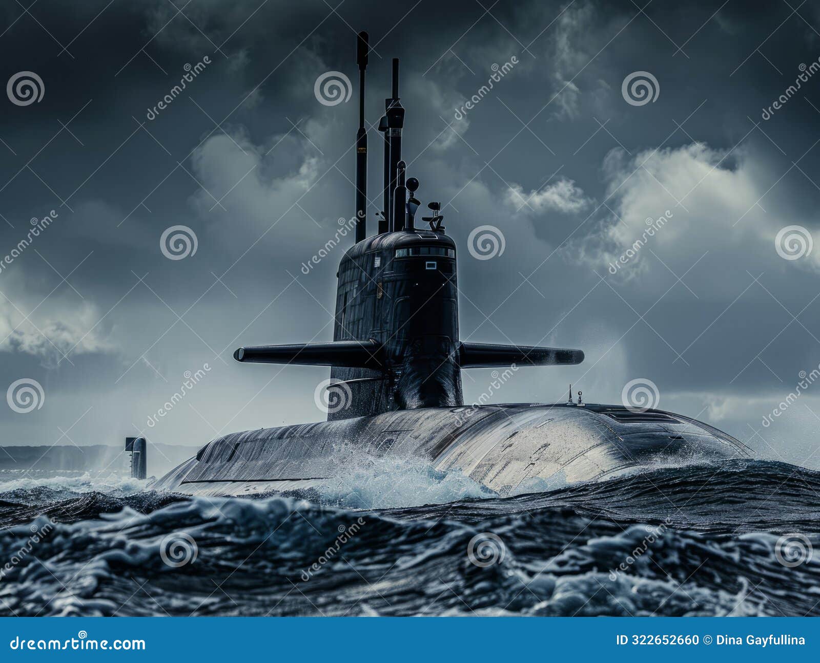 A Powerful Military Submarine Navigating through Rough Seas Under a ...