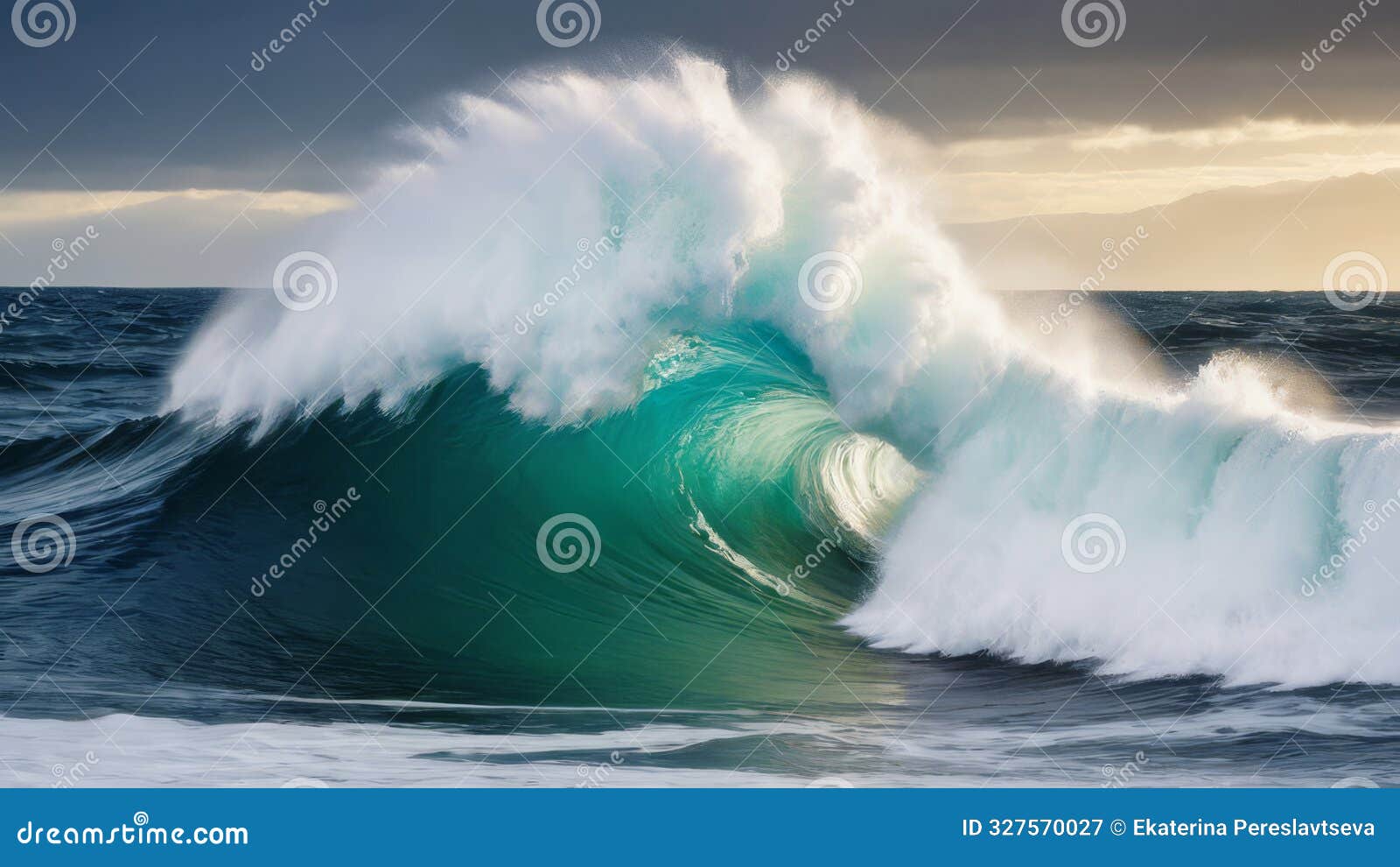 Powerful Ocean Wave Crashing with Dramatic Splash at Sunset. Stock ...