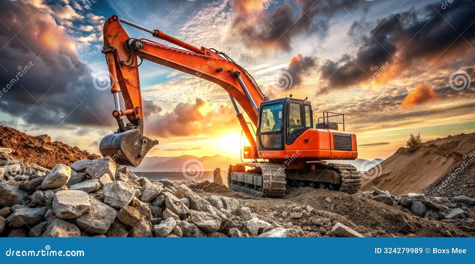A Powerful Orange Excavator in the Background is Digging Rocks and ...