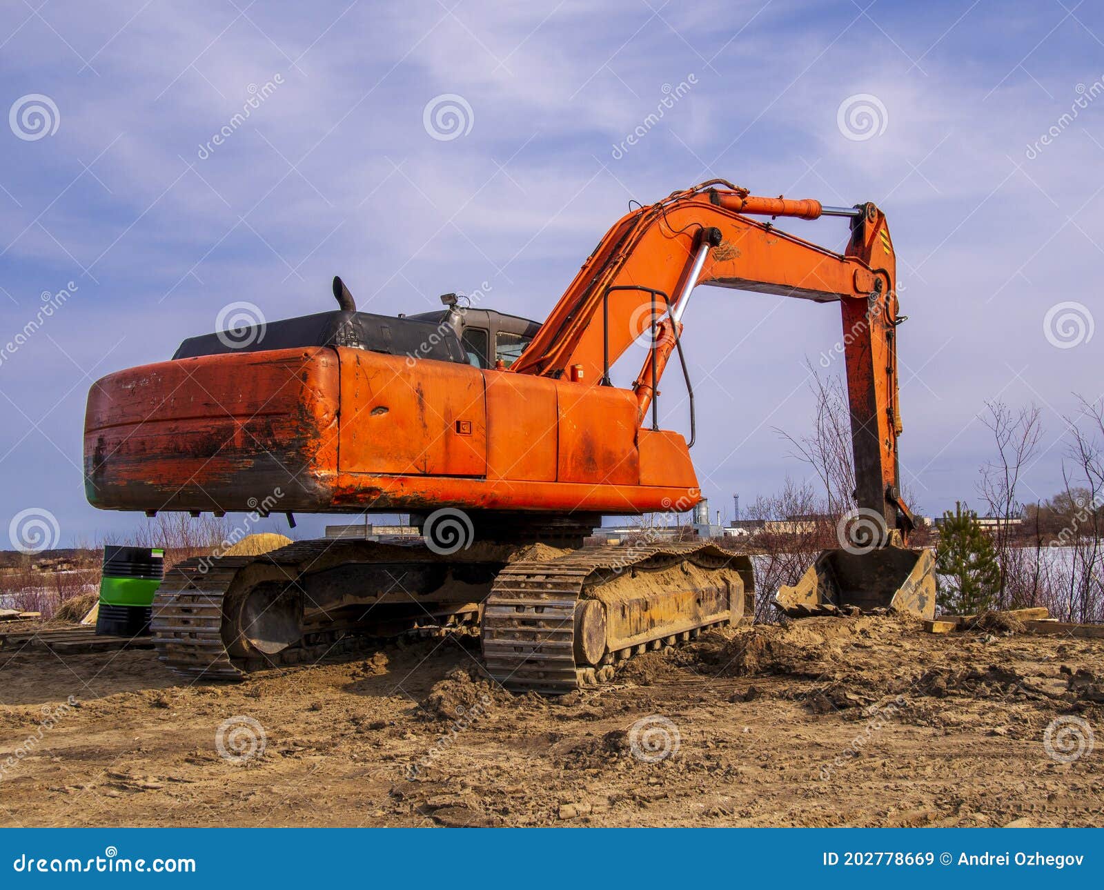 Powerful Orange Excavator in Rural Area Stock Image - Image of gravel ...