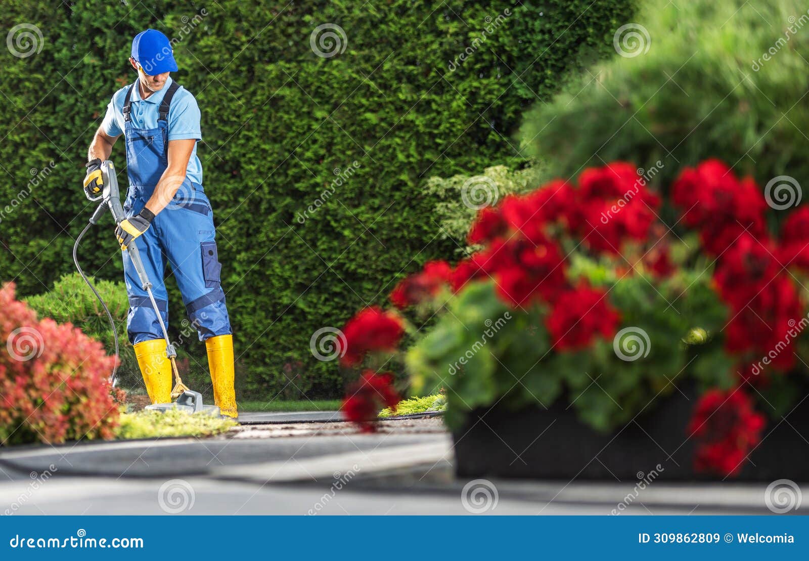 Powerful Pressure Washing of a Brick Garden Paths Stock Image - Image ...