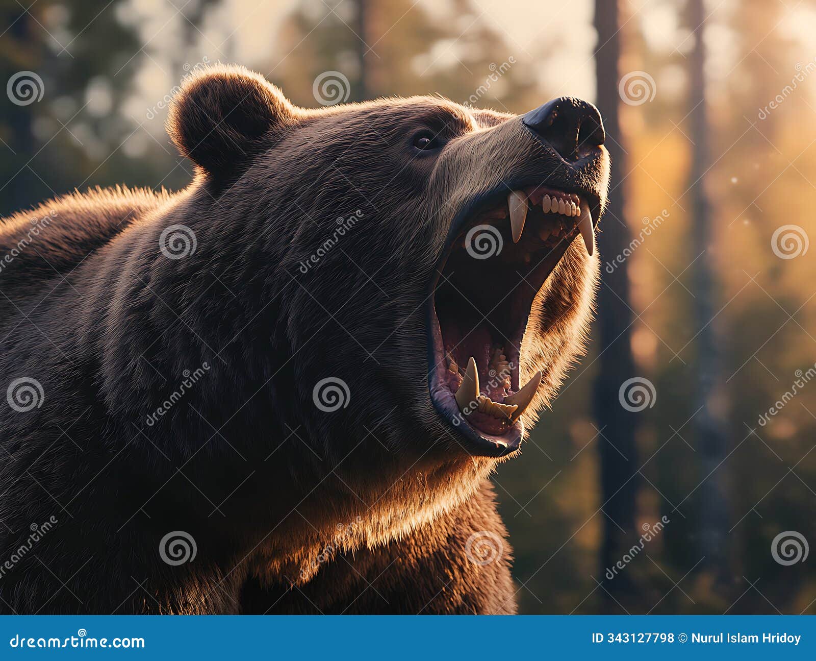Powerful Roaring Bear in a Forest, Showcasing Strength and Wilderness ...