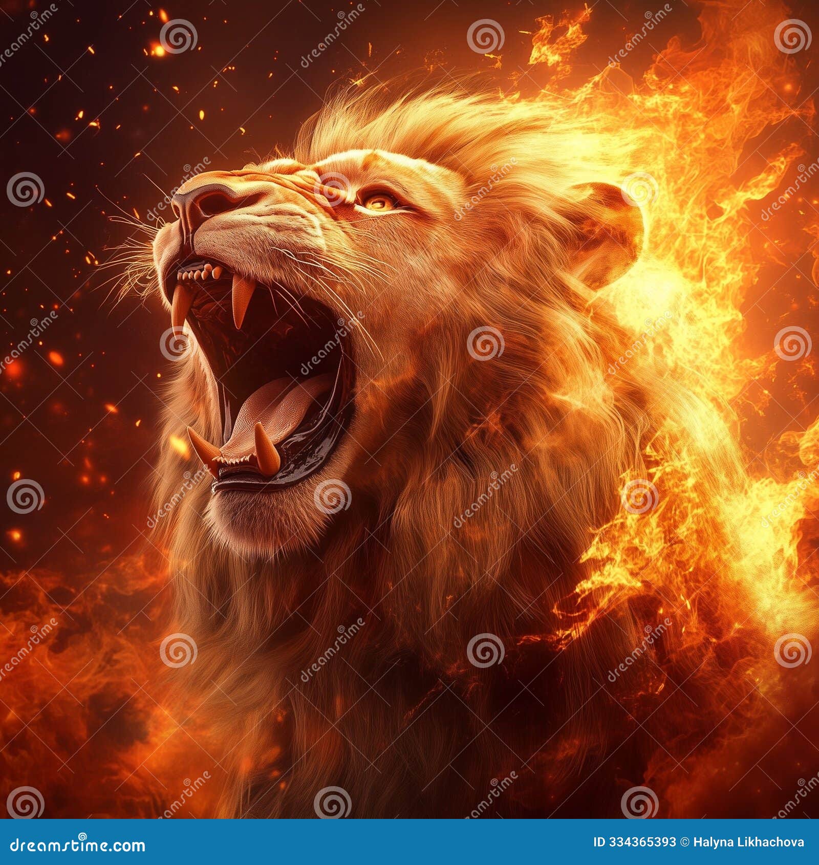 Powerful Roaring Lion Surrounded by Intense Flames Stock Illustration ...