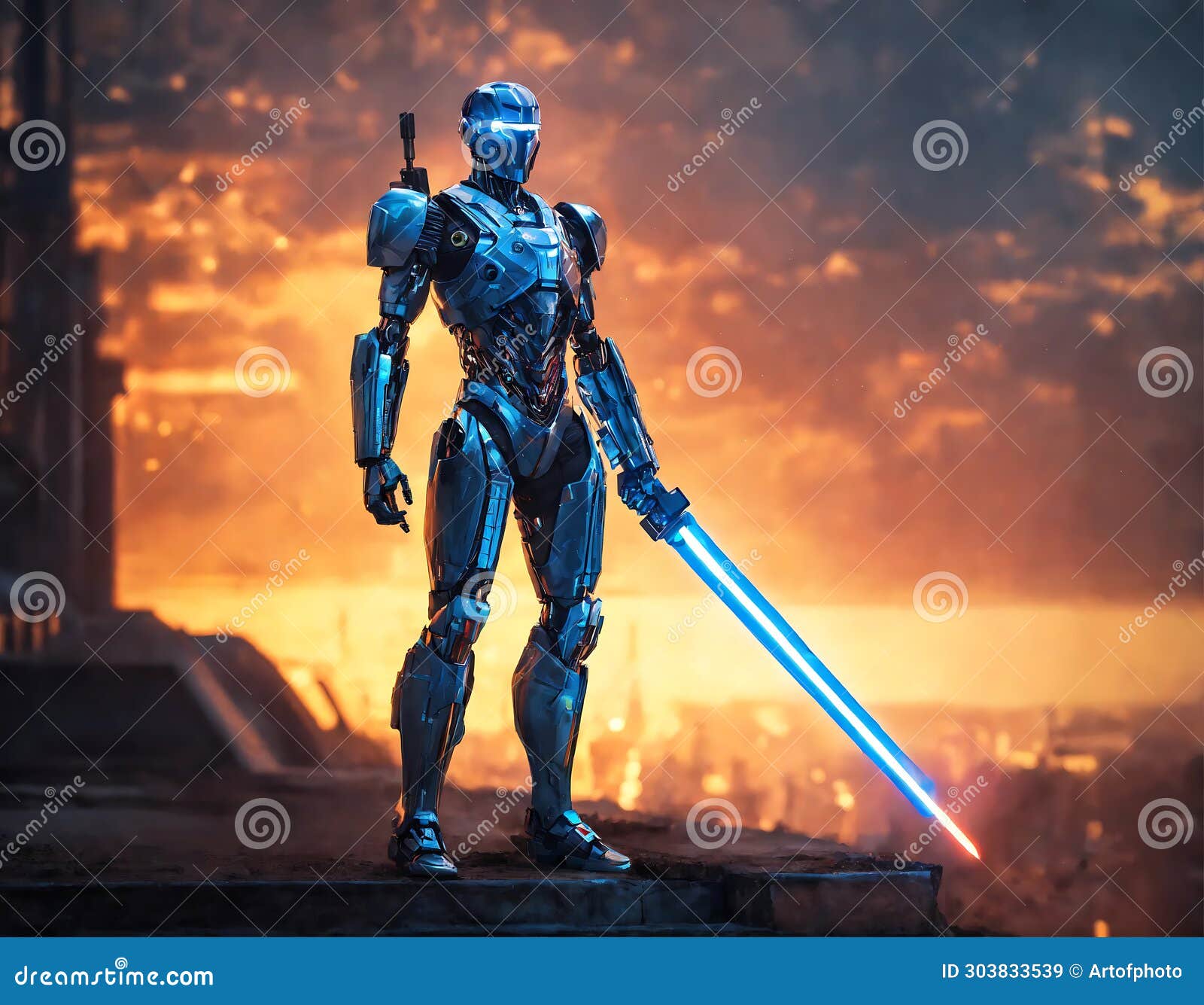 Robot with Light Saber Standing in Front of Fire. Generative AI. Stock ...