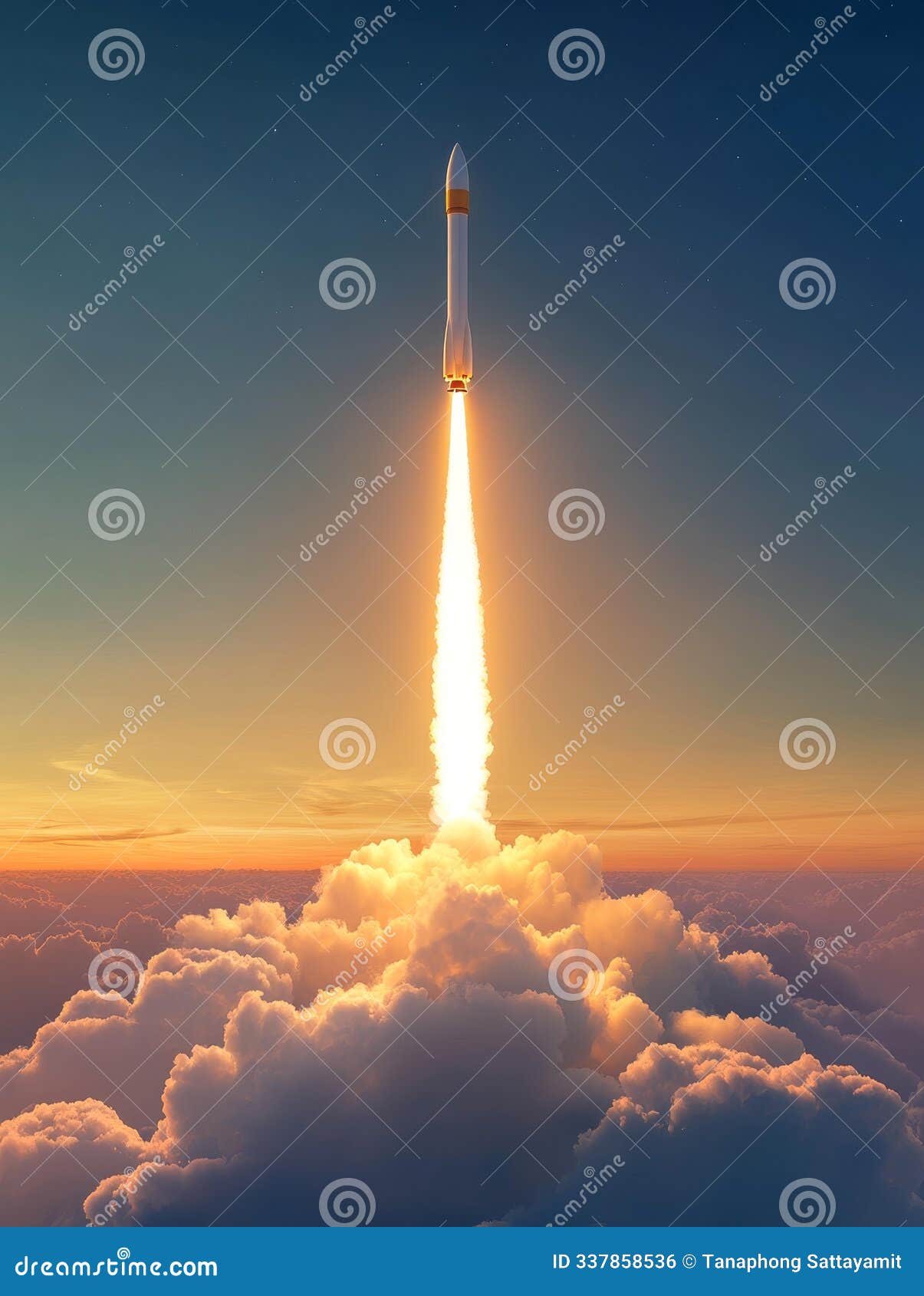 A Powerful Rocket Ascends through the Clouds at Sunset Representing ...