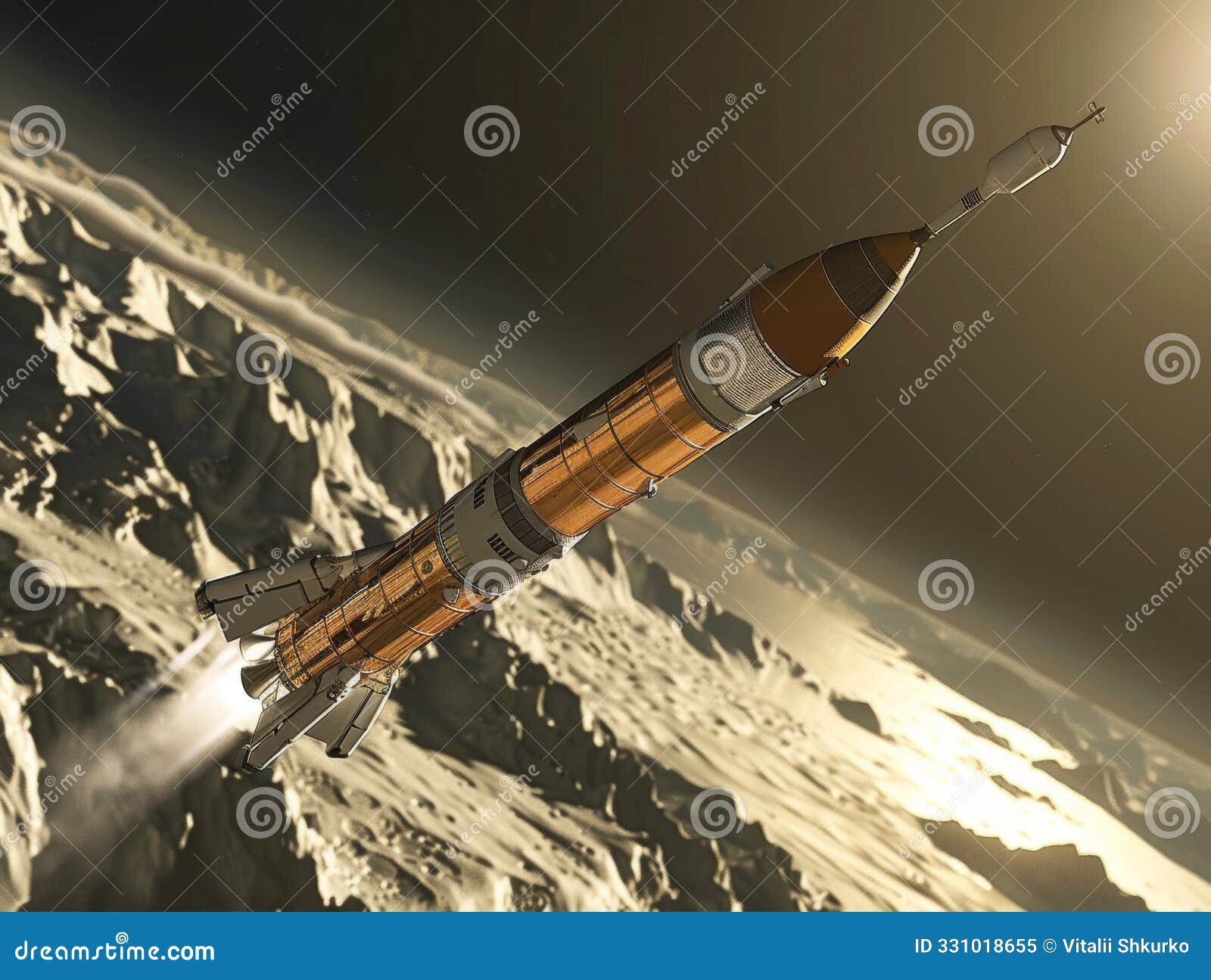 A Powerful Rocket Ascends Over a Rugged Lunar Surface, Illuminated by ...
