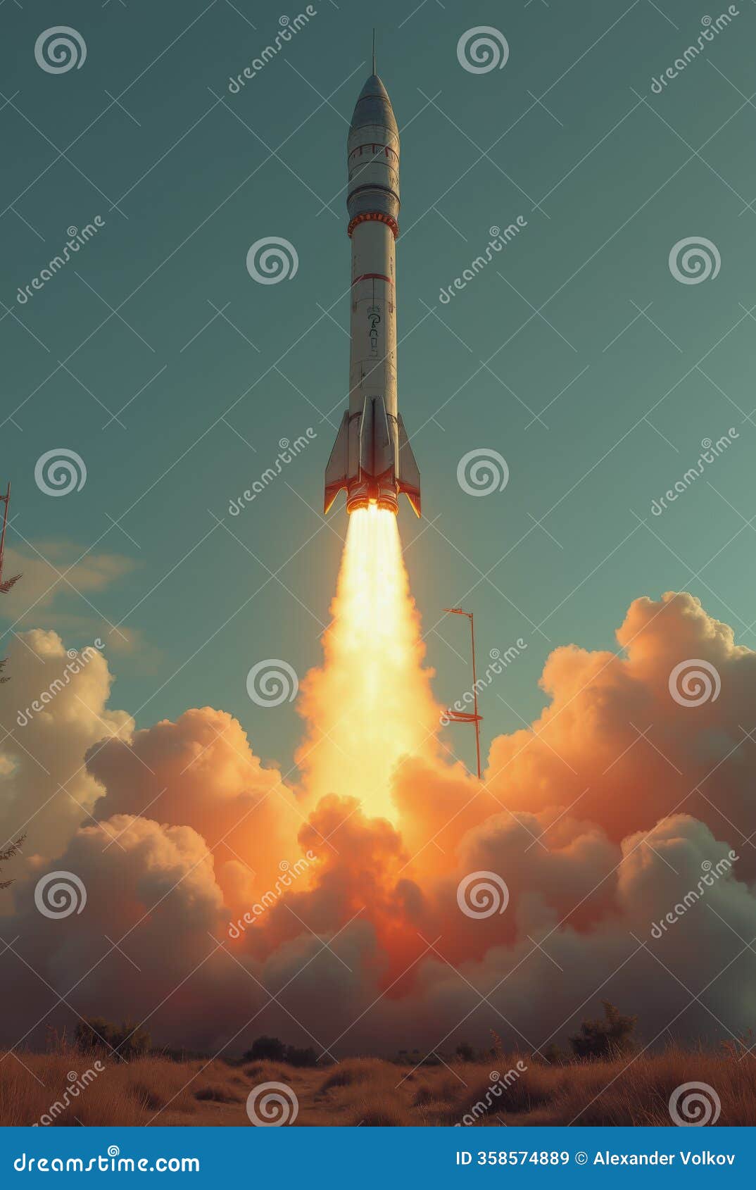 A Powerful Rocket Ascends Rapidly into the Sky, Leaving Behind a Trail ...