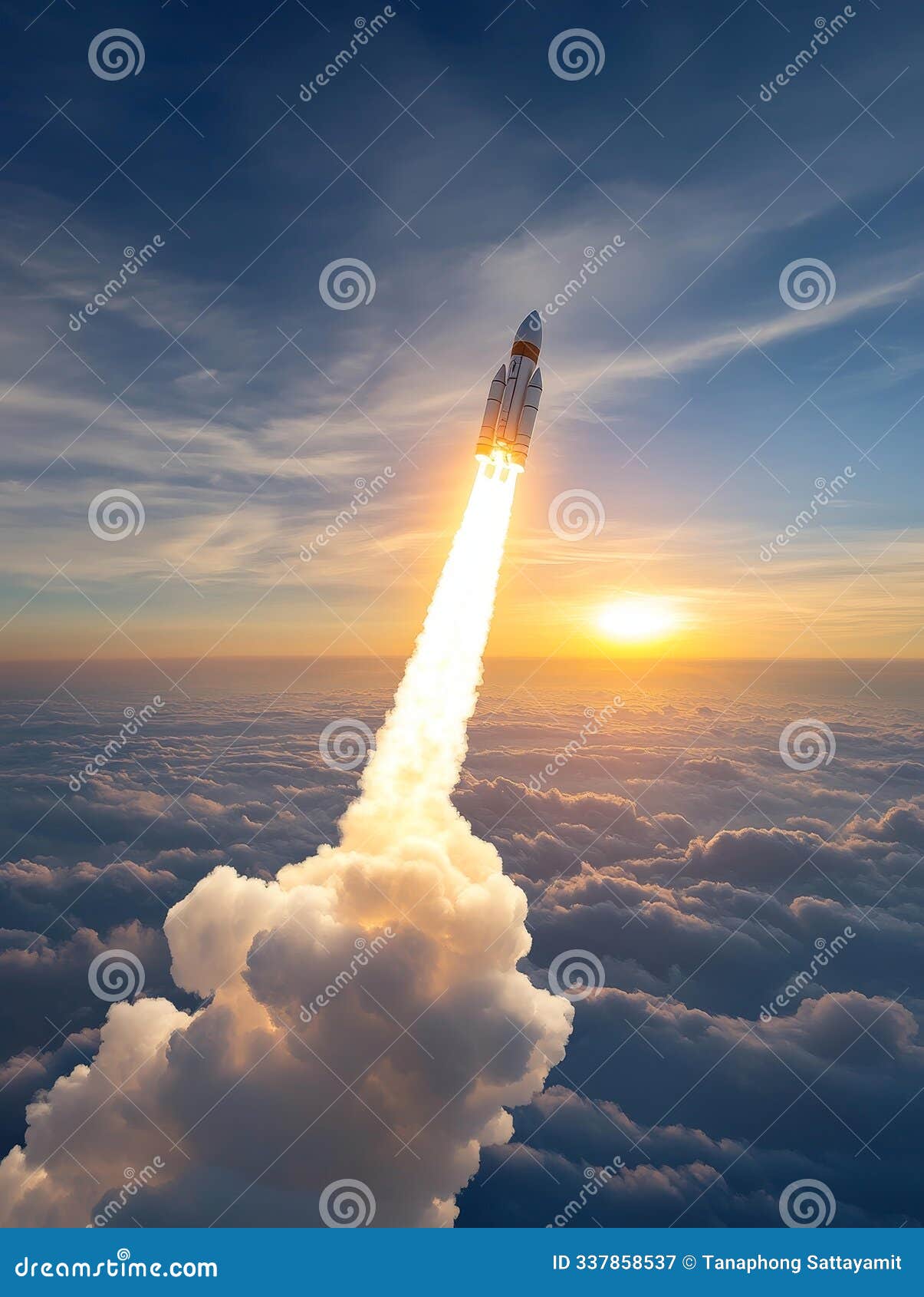 A Powerful Rocket Launch Breaking through the Clouds at Sunset ...