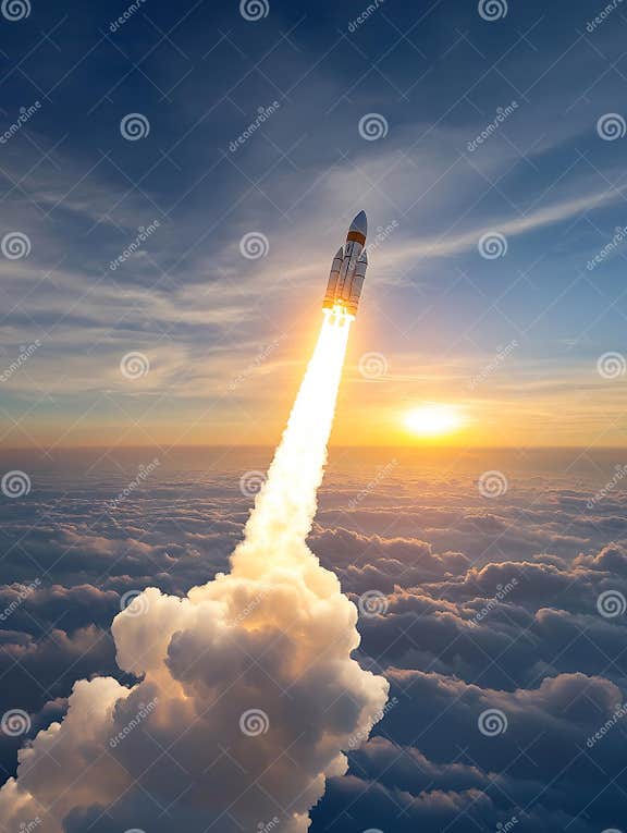A Powerful Rocket Launch Breaking through the Clouds at Sunset ...