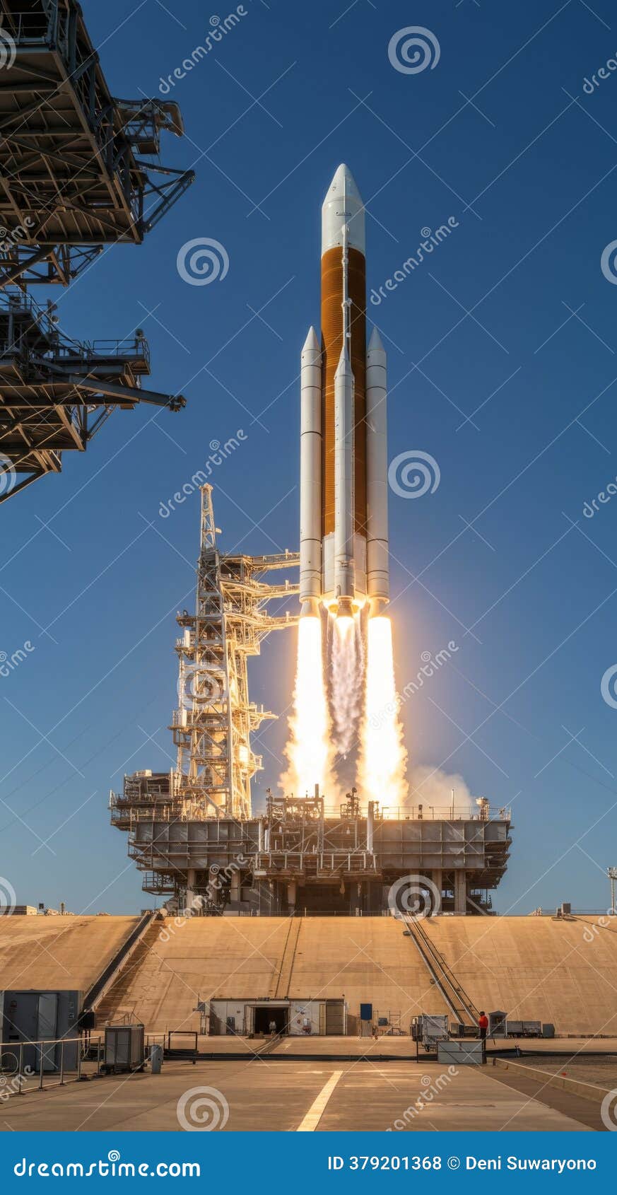 Powerful Rocket Launch Into Night Sky. Huge Plume Of Smoke, Fire. Space ...