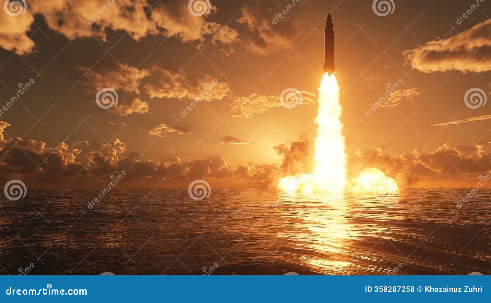 Dramatic Rocket Launch Over Ocean at Sunset with Golden Clouds and ...