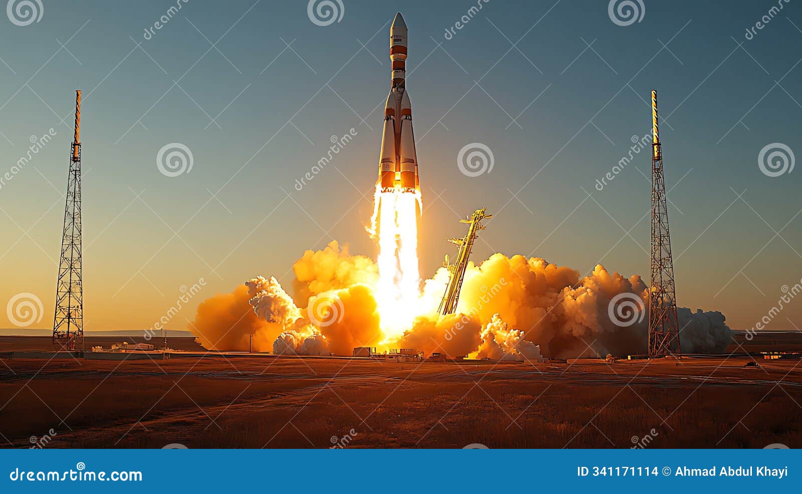 A Powerful Rocket Launches into the Sky at Sunset, Leaving a Trail of ...