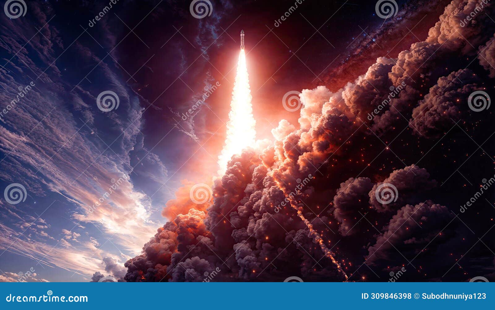 A Powerful Rocket Launches into the Starry Sky, Leaving a Trail of Fire ...