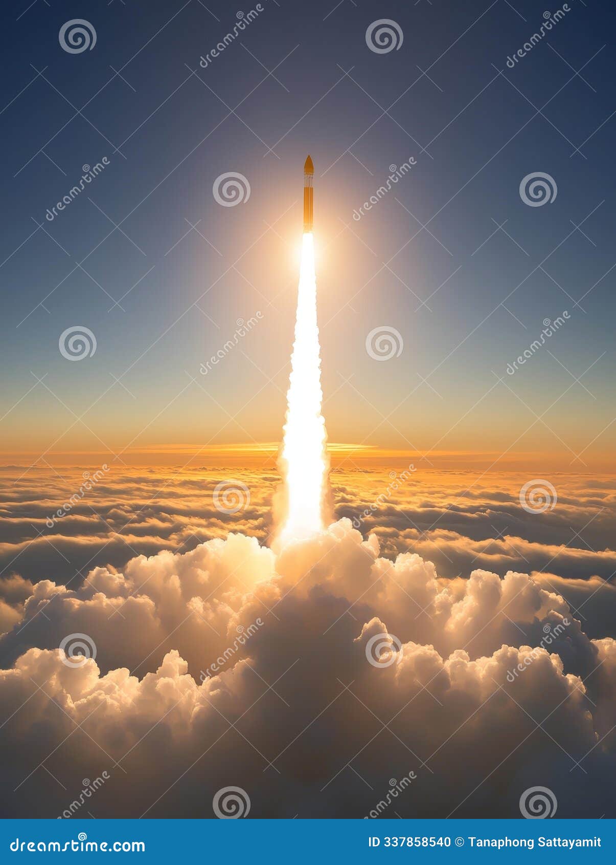 A Powerful Rocket Launches into the Sunset Sky Piercing through a Layer ...