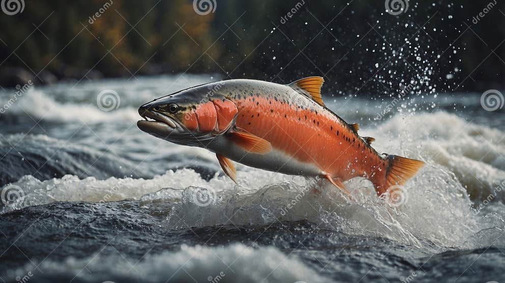 Powerful Salmon Leaping through Rushing River Rapids during Upstream ...