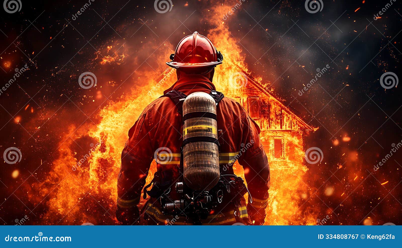 Firefighter Facing Intense House Fire with Flames Engulfing the ...