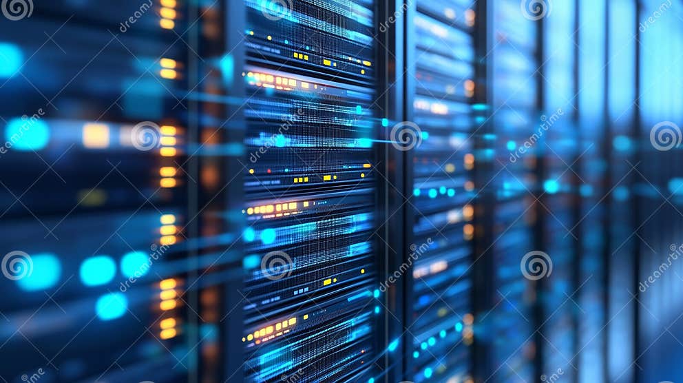 Powerful Server Units Illuminate a Data Center, Emphasizing the ...