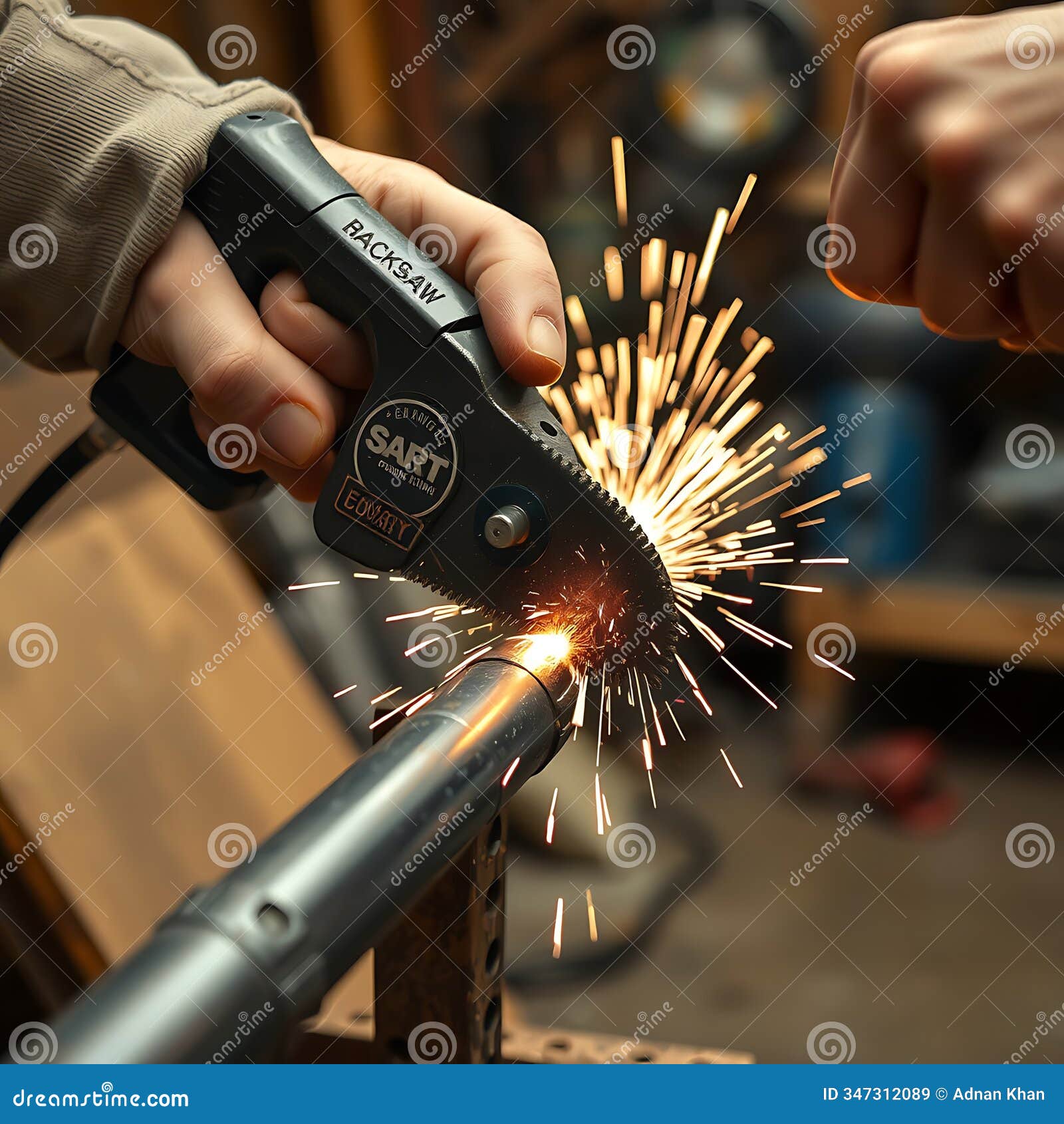A Powerful Shot of a Hand Using a Manual Hacksaw on a Metal Pipe with ...