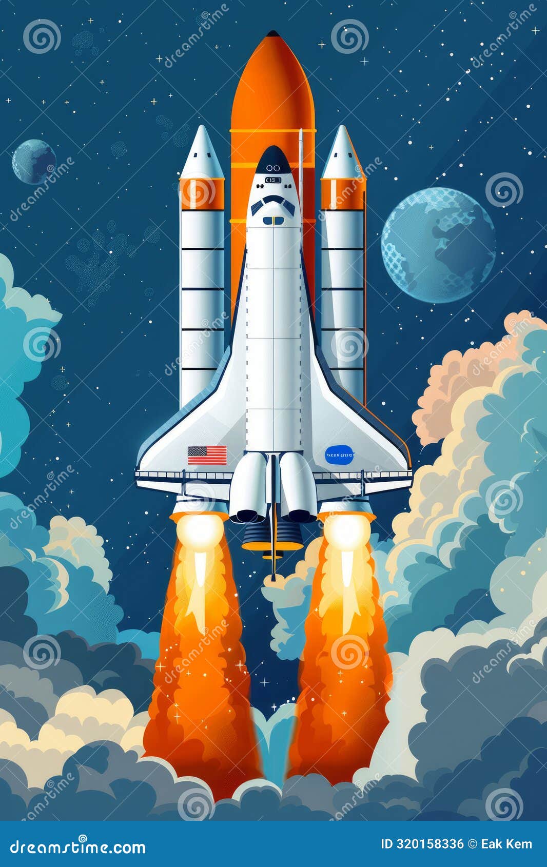 Exciting Launch of a Space Shuttle in a Starry Night Sky with Planets ...