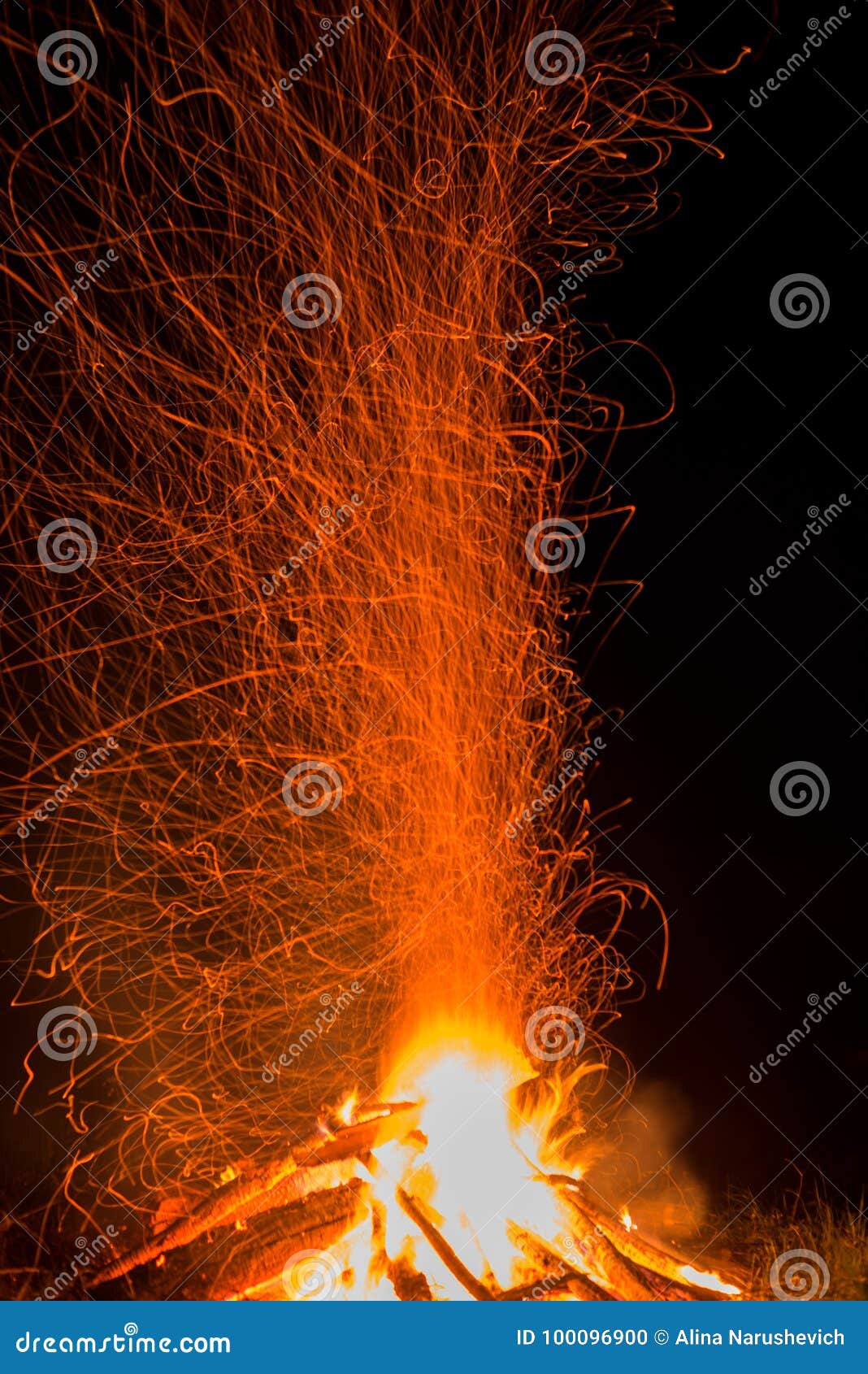 Powerful Sparks from the Burning Fire in the Night Stock Photo - Image ...