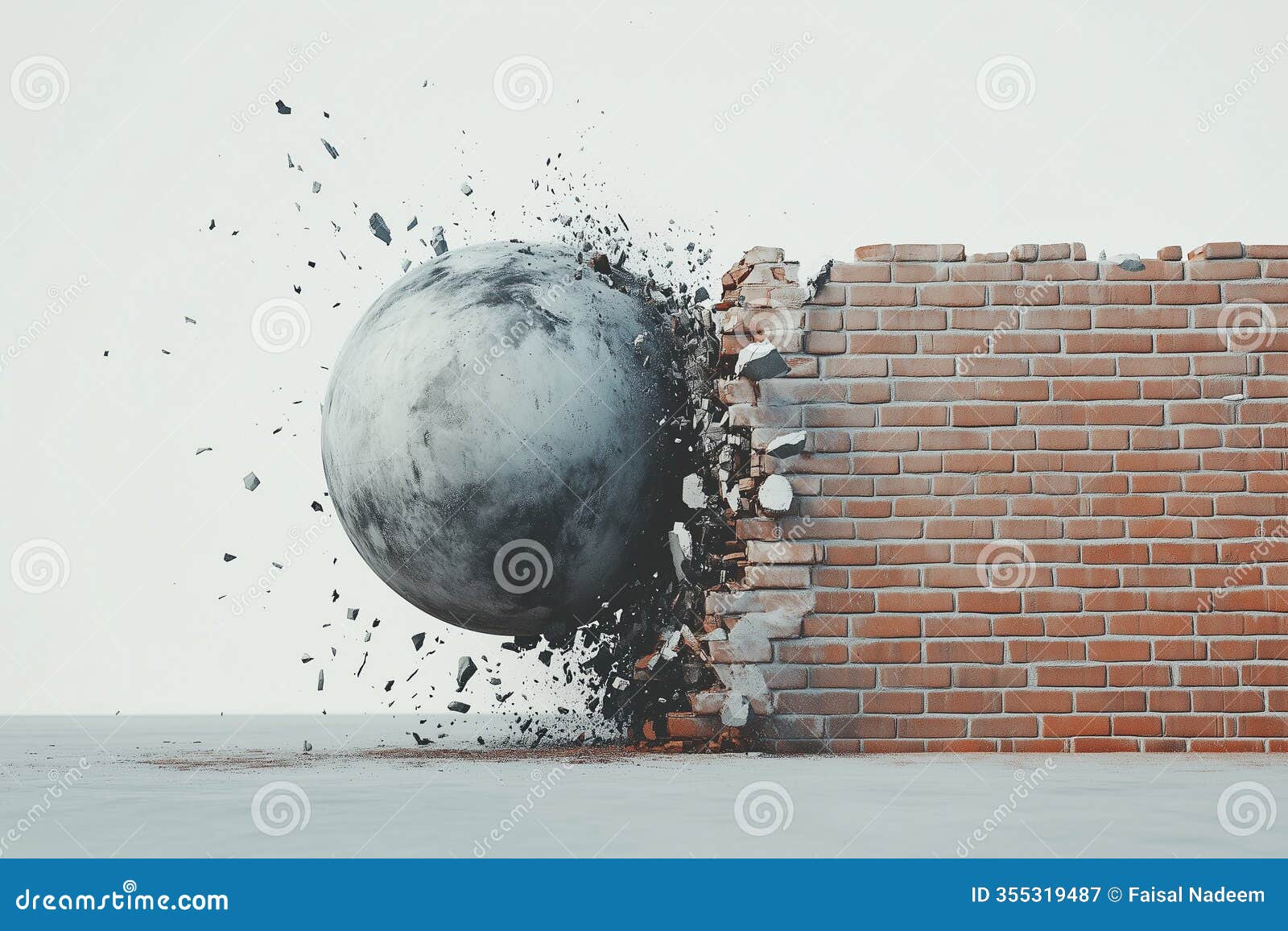 Powerful Sphere Crushing Brick Wall Destruction Impact Grey Stone ...