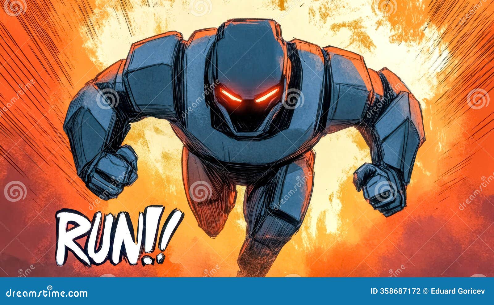 Powerful Superhero Running from Explosion in Comic Panel Stock Photo ...