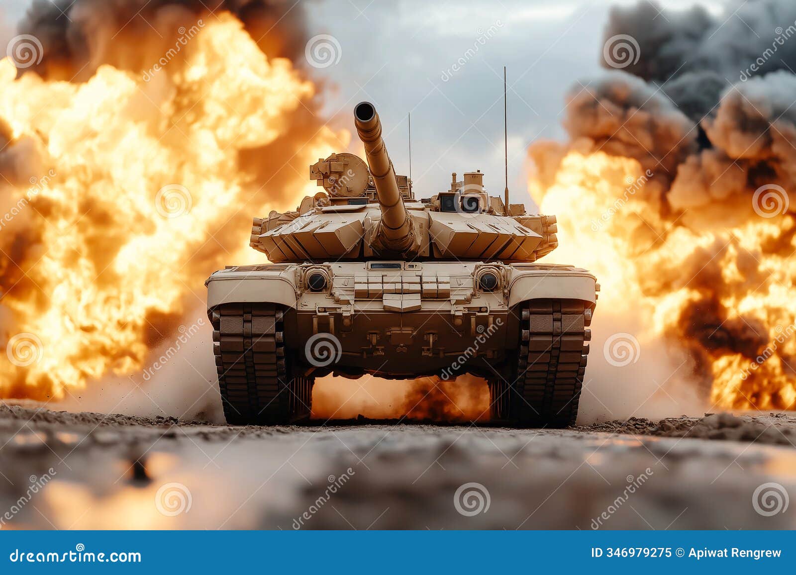 Powerful Tank Advances through Battlefield with Explosions and Fire in ...