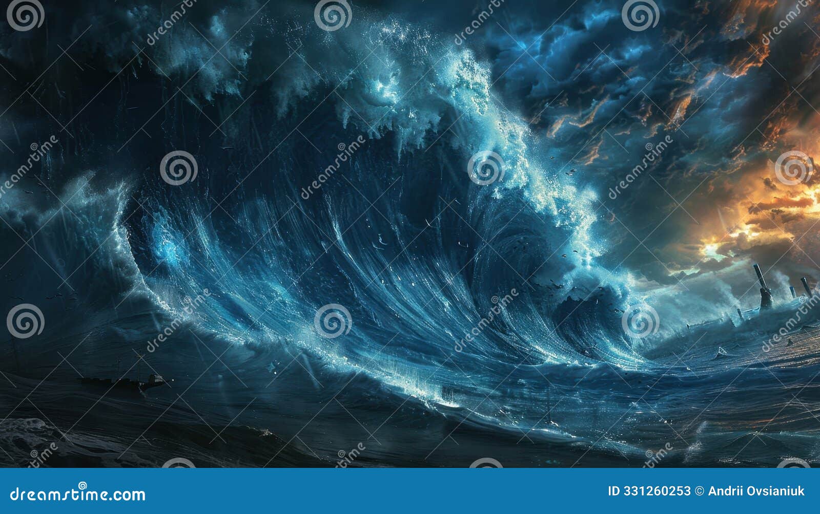 Massive Tidal Wave Crashes Towards Shore during a Dramatic Sunset with ...