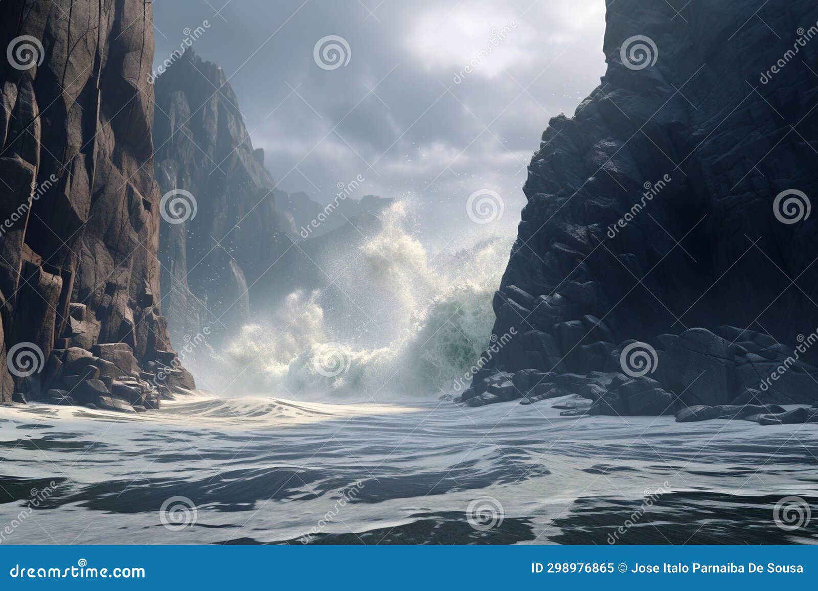 Powerful Tidal Waves Crashing Against Towering Cli Stock Illustration ...
