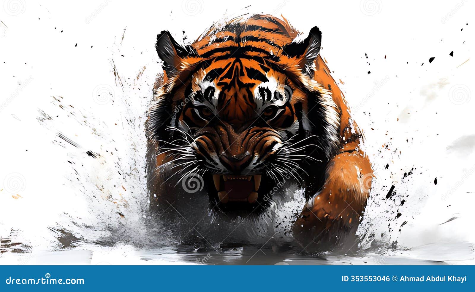 Powerful Tiger Charging through Water, Splashing, Intense Expression ...