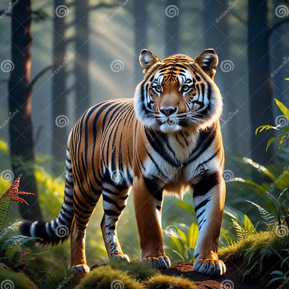 A Powerful Tiger Stands in a Forest Clearing Stock Illustration ...