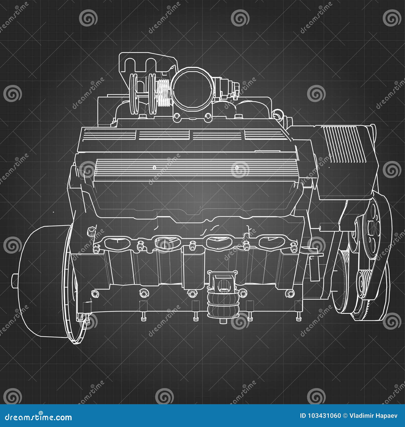 Powerful V8 Car Engine. the Engine is Drawn with White Lines on a Black ...