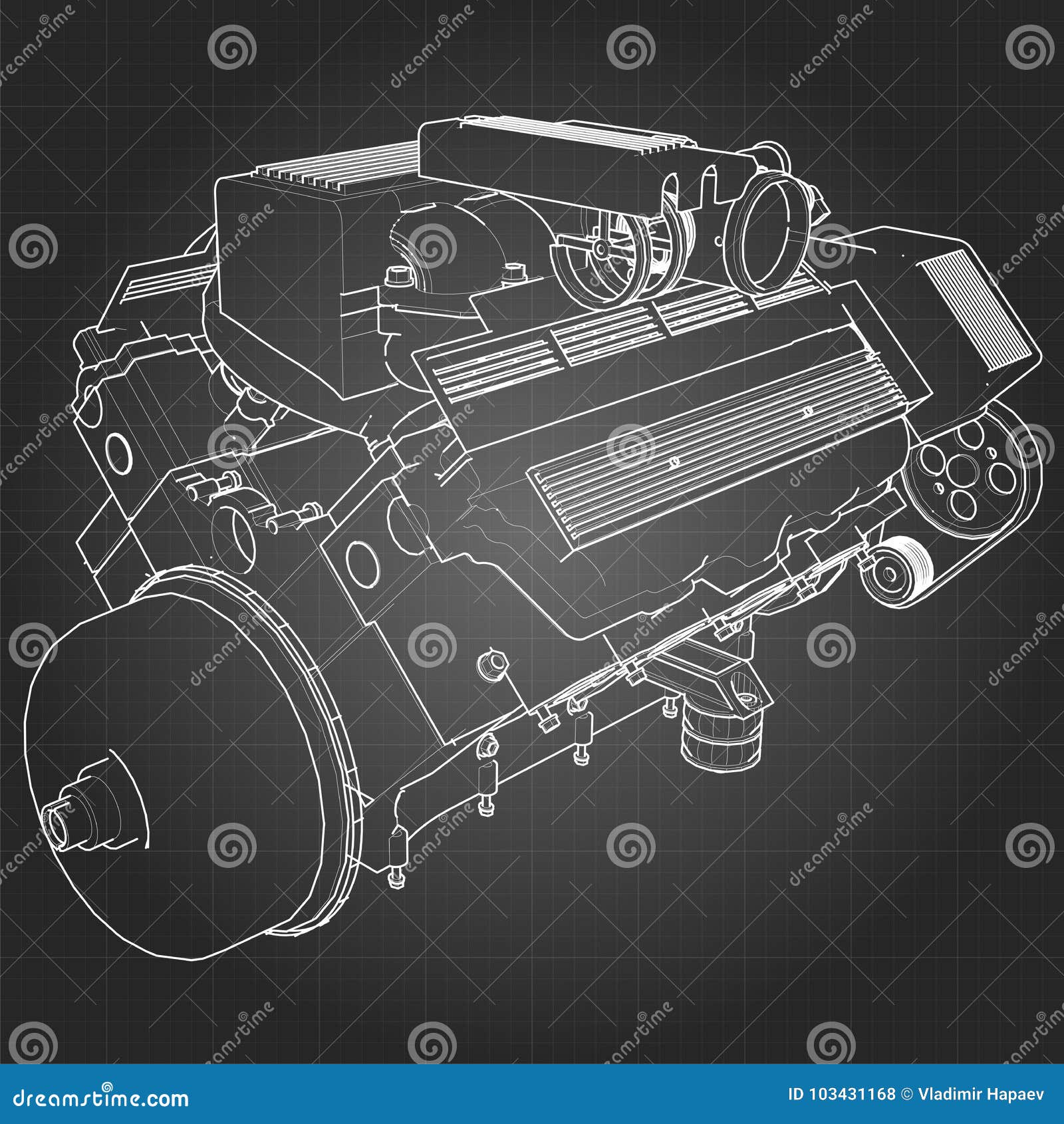 Powerful V8 Car Engine. the Engine is Drawn with White Lines on a Black ...