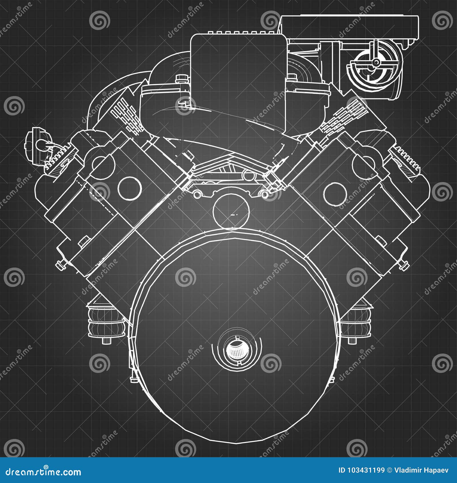 Powerful V8 Car Engine. the Engine is Drawn with White Lines on a Black ...