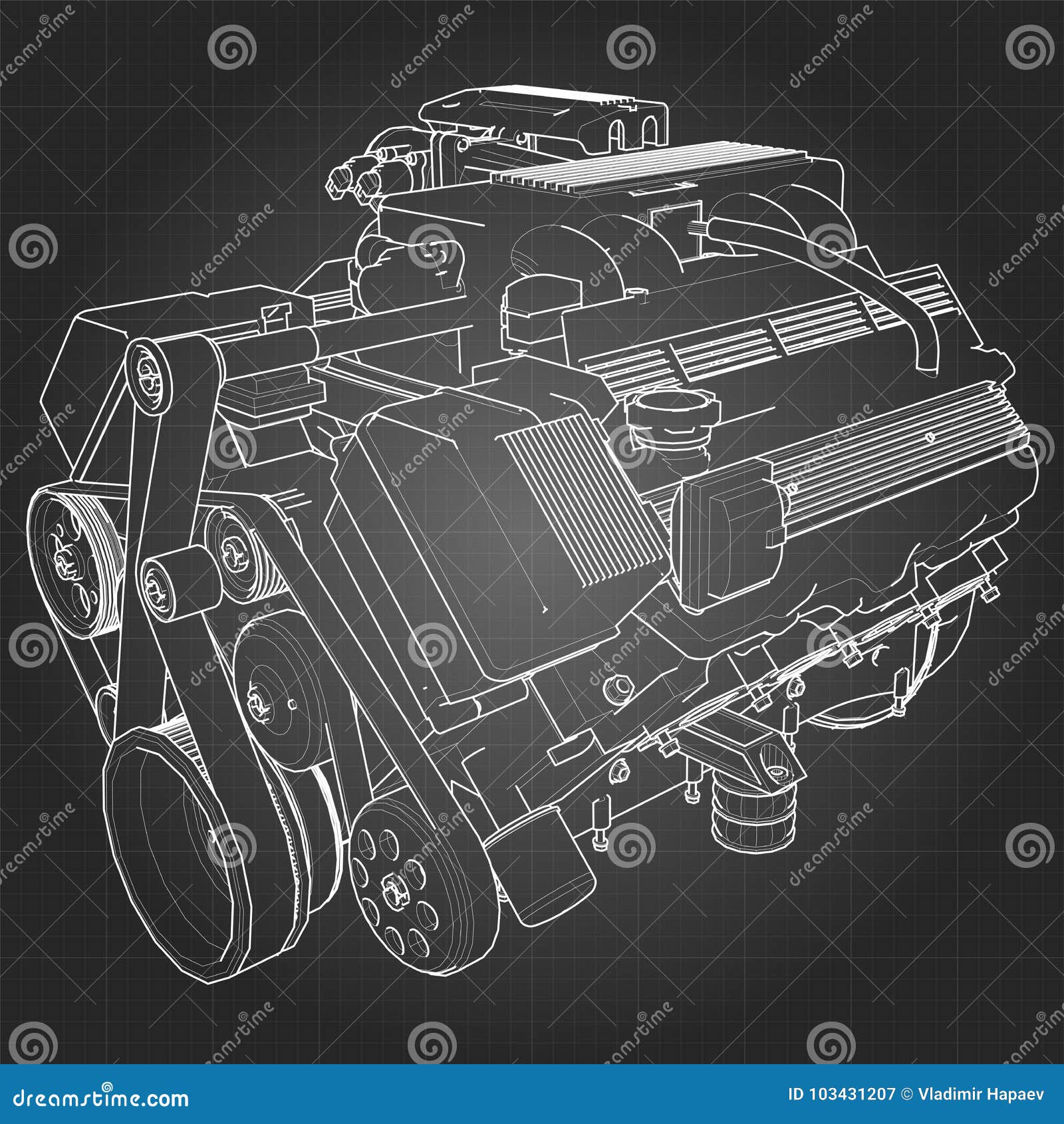 Powerful V8 Car Engine. the Engine is Drawn with White Lines on a Black ...