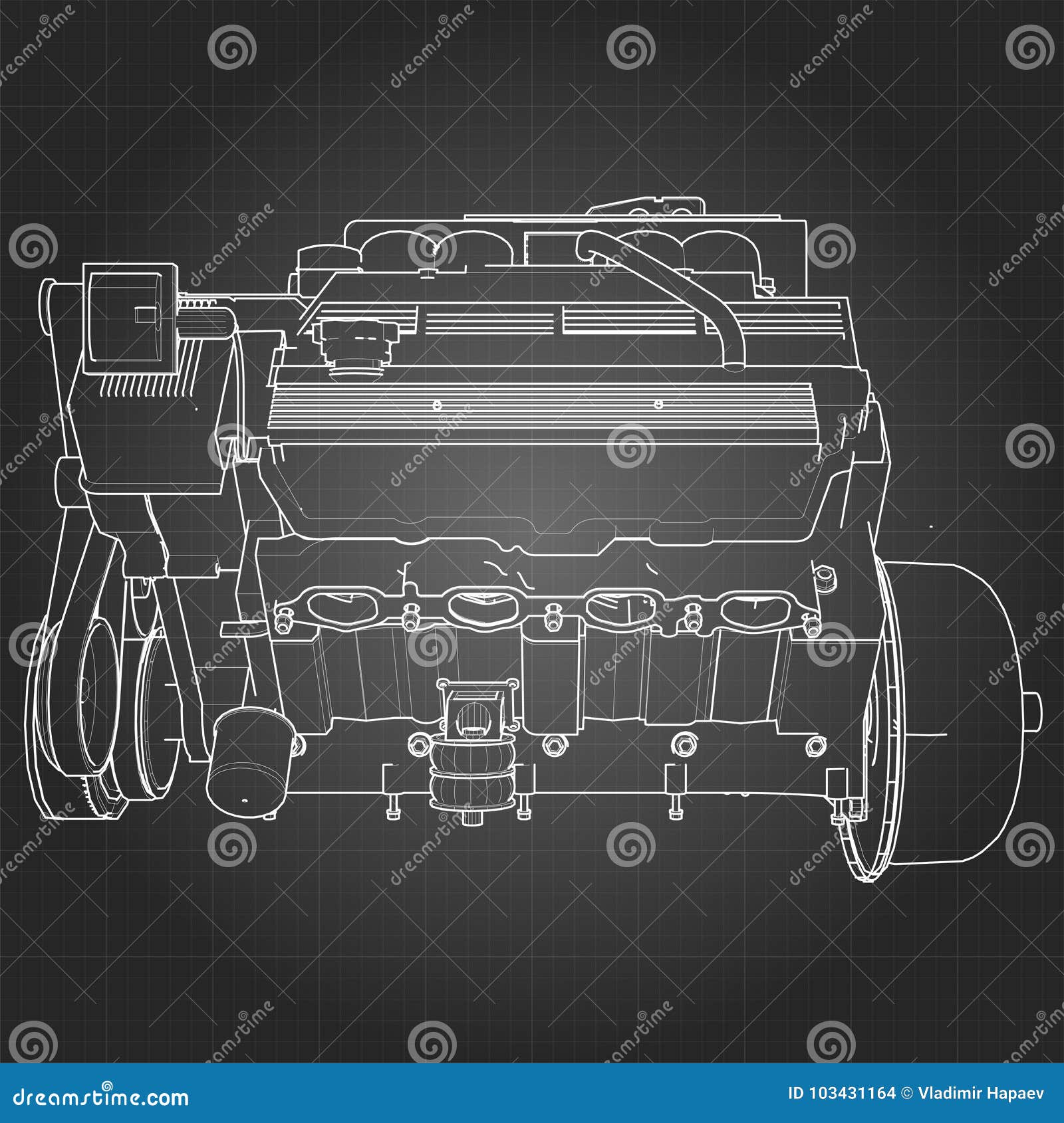 Powerful V8 Car Engine. the Engine is Drawn with White Lines on a Black ...