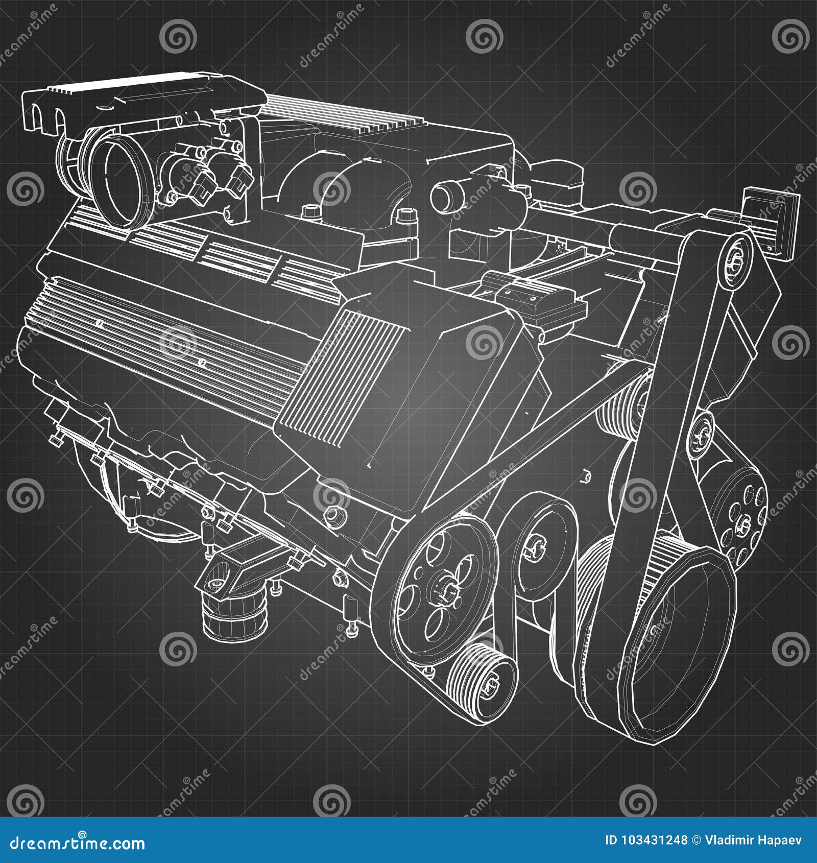 Powerful V8 Car Engine. the Engine is Drawn with White Lines on a Black ...