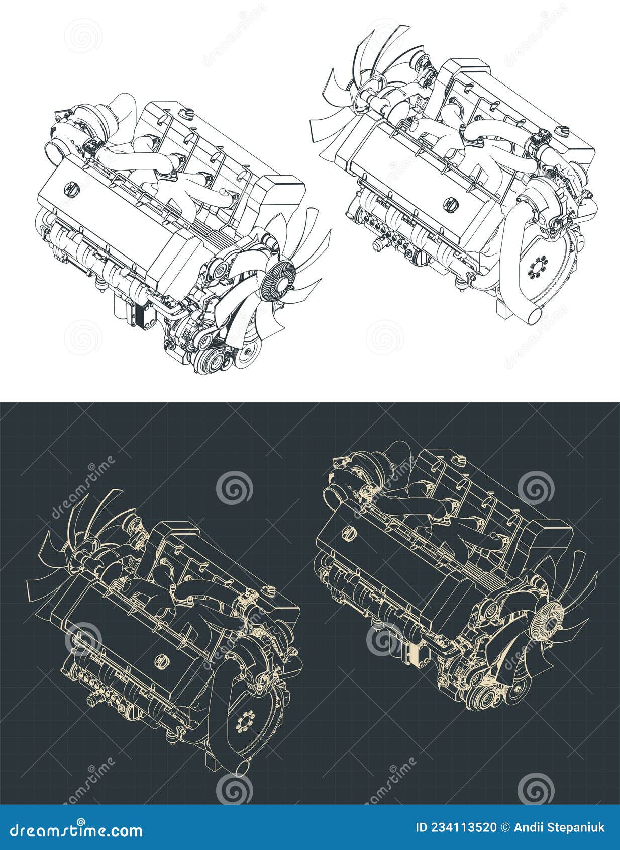 Powerful V8 Turbo Engine Isometric Blueprints Stock Vector ...