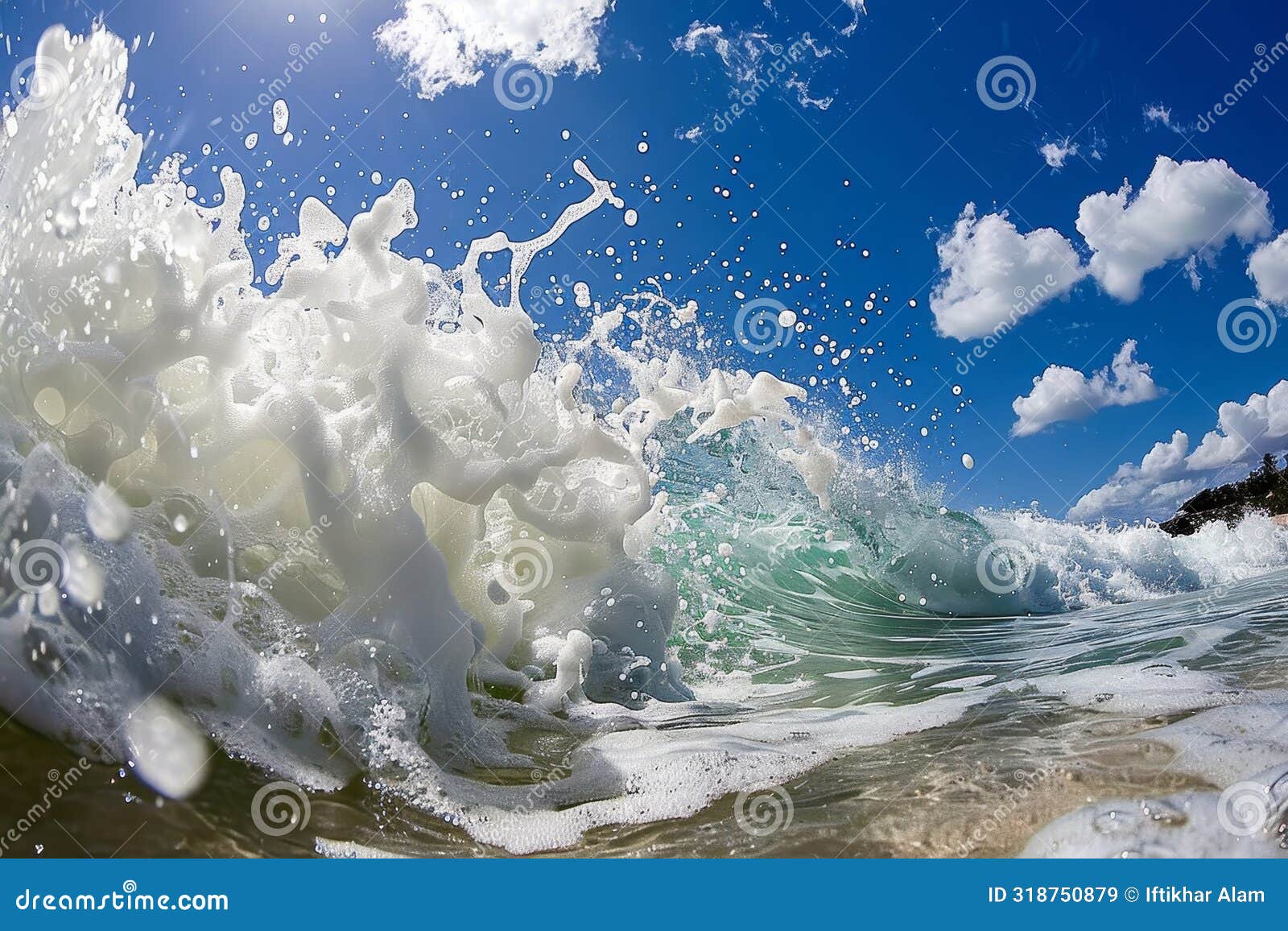 Powerful Wave Hitting The Beach, Creating Foamy Spray And White Water ...