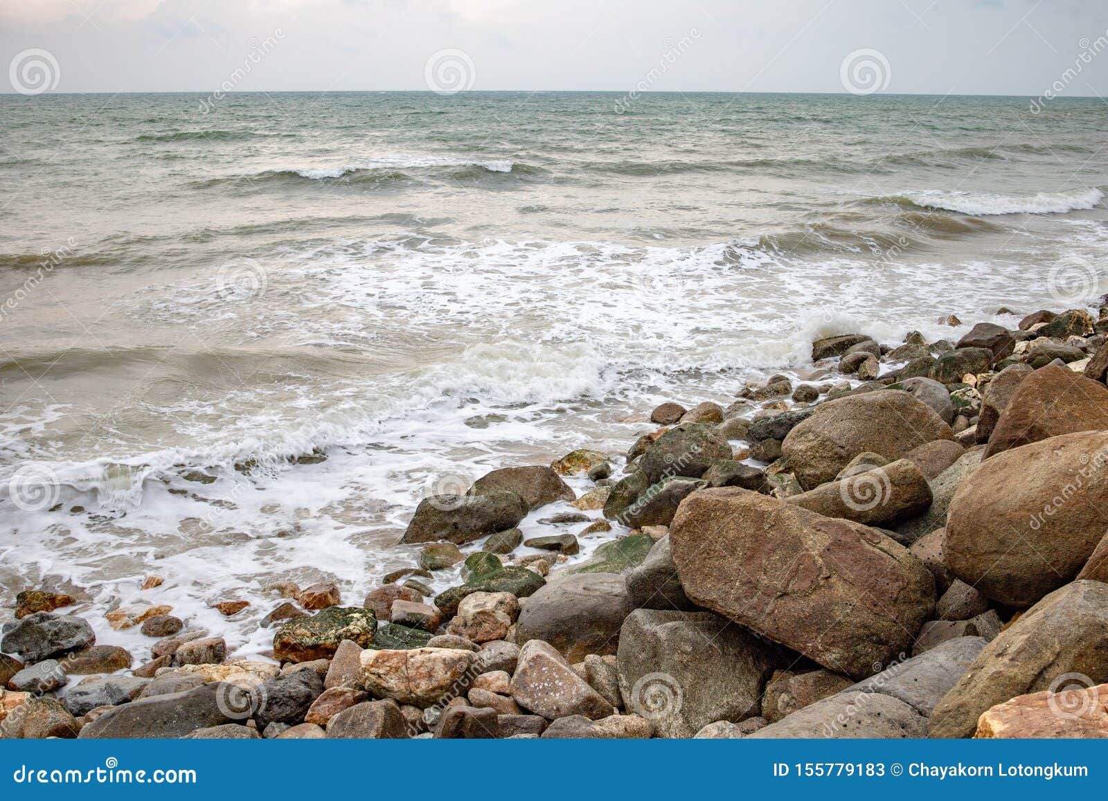 Powerful Wave from Sea with Rock on the Beach before Raining Storm ...