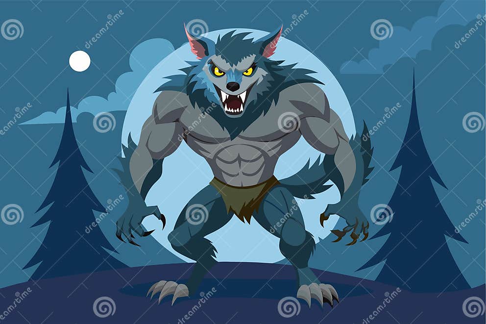 A Powerful Werewolf Stands in a Dark Forest Under a Bright Full Moon ...