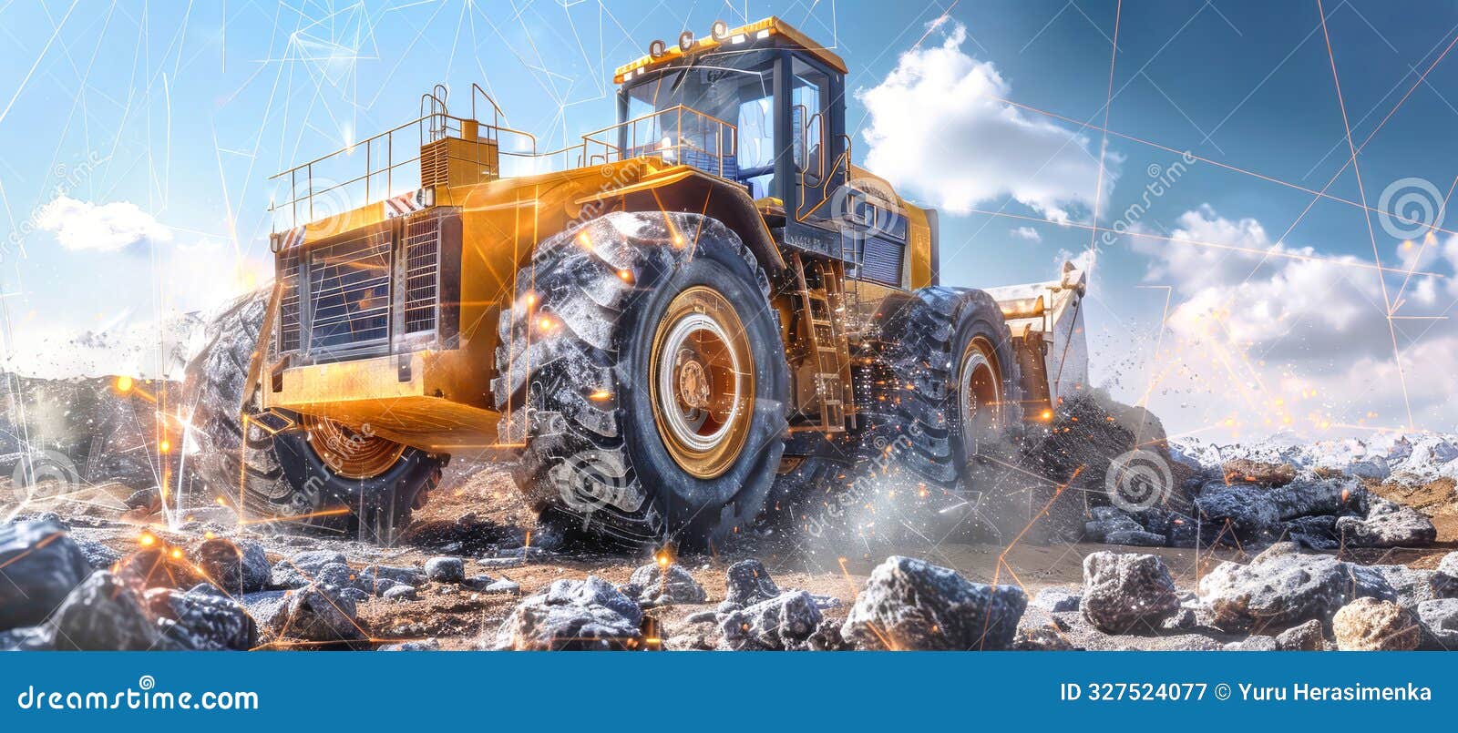 A Powerful Wheel Loader Moves Rocks on a Construction Site. Futuristic ...
