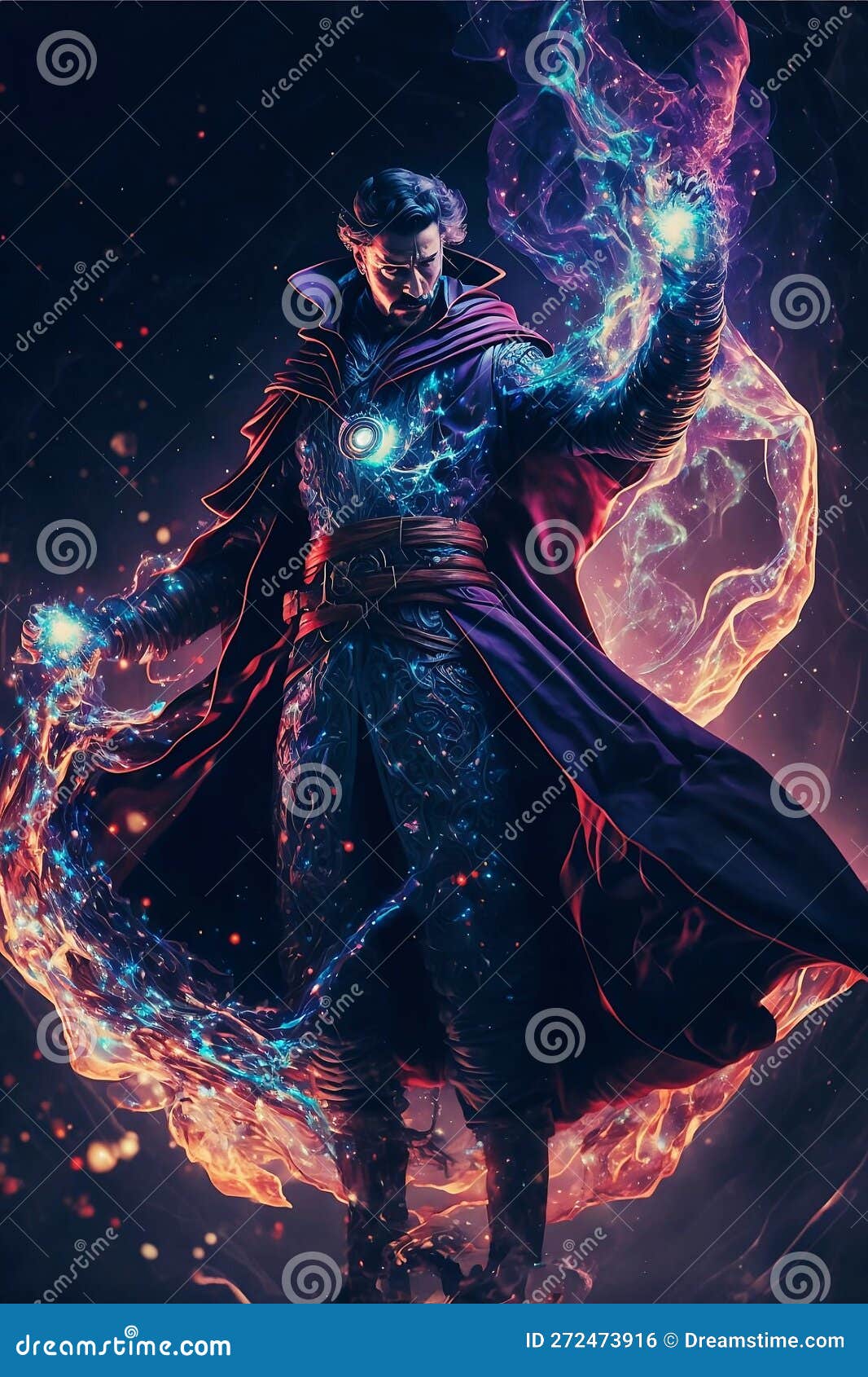 A Powerful Wizard Making Magical Spell in Space Stock Illustration ...