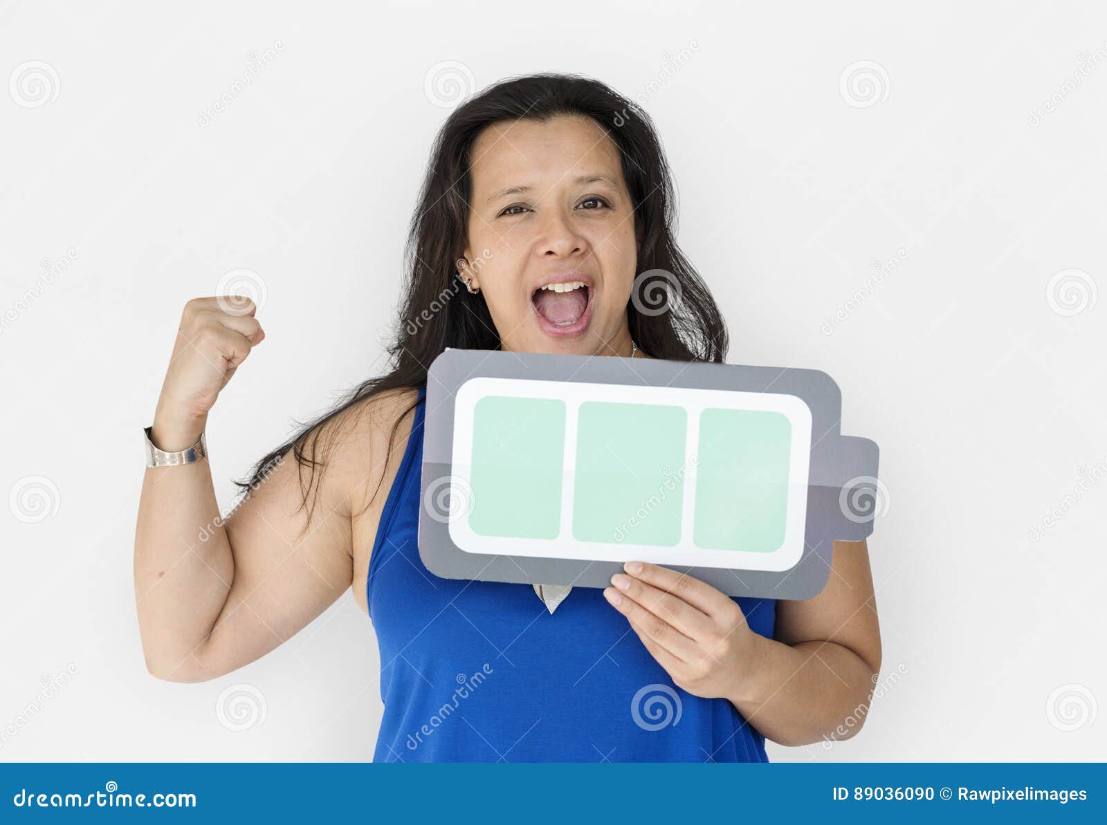 A Powerful Woman Holding Full Charging Battery Stock Photo - Image of ...