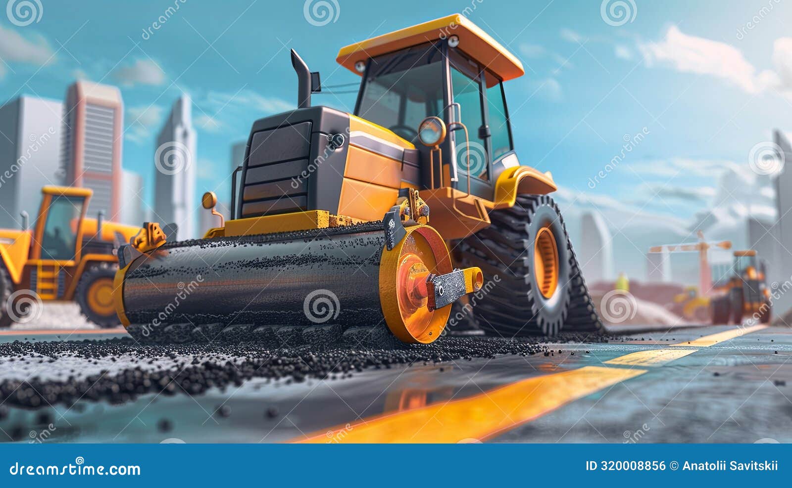 A Powerful Yellow Bulldozer is Driving Down a Road, Clearing the Way ...