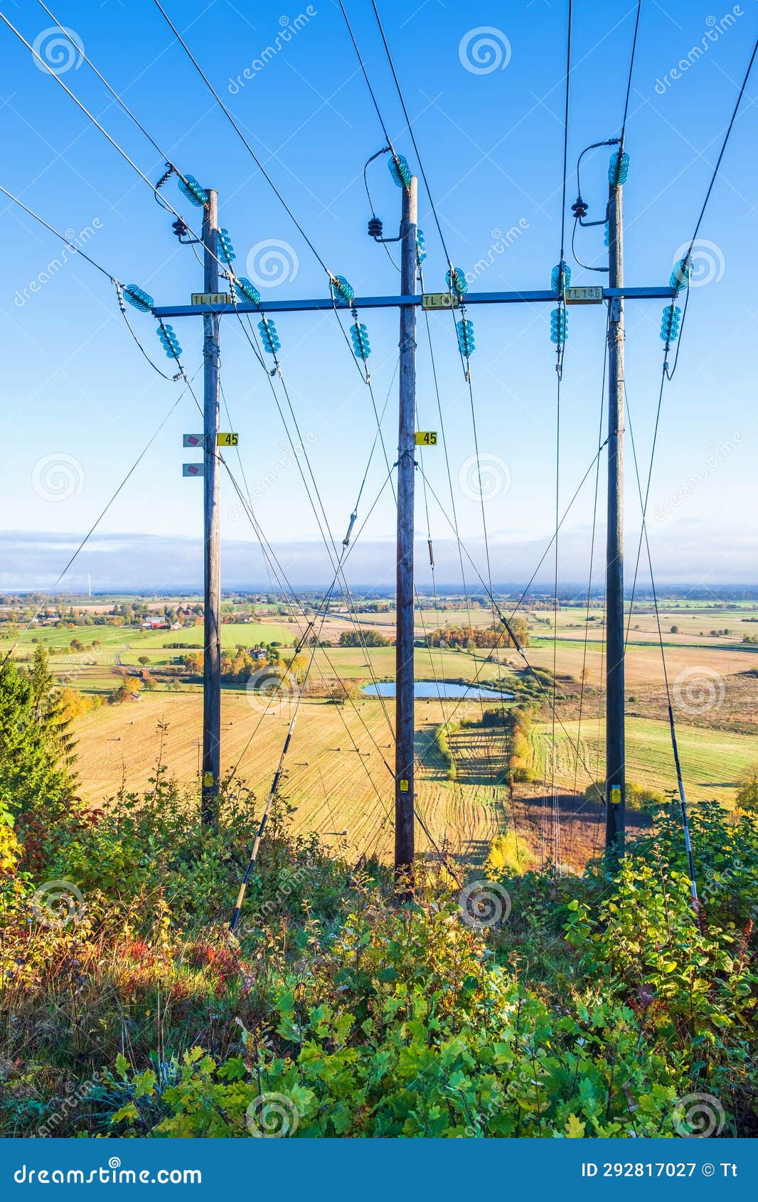 Powerline with a Aerial View Over the Landscape at Autumn Stock Image ...